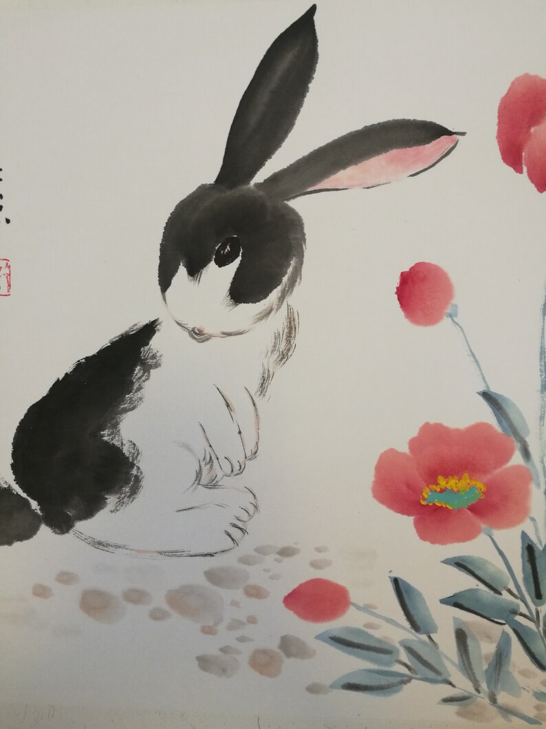 Handpainted Chinese Painting,original Rabbit Painting, Framed Rice ...