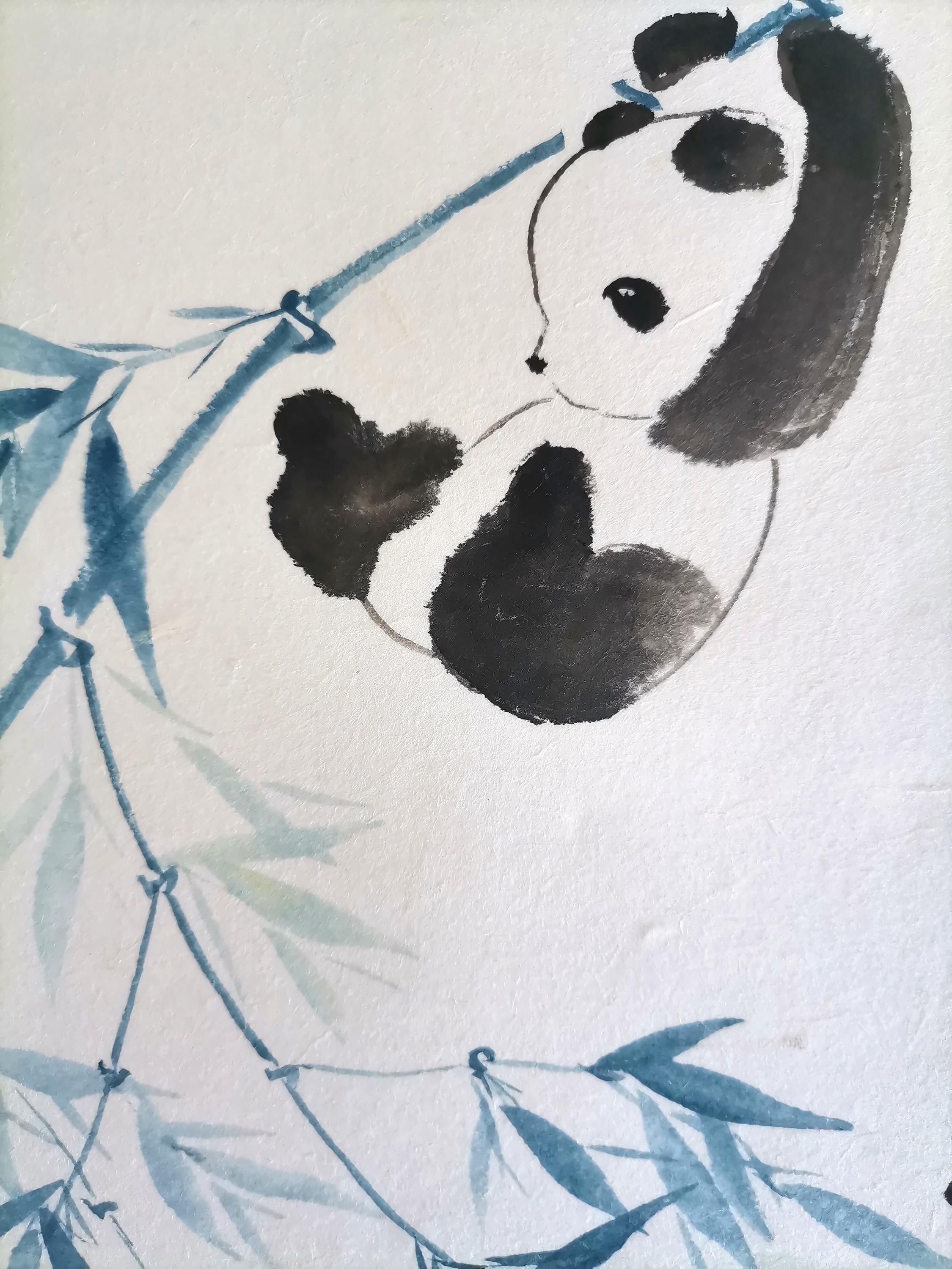 Original Sumi-e Bamboo and Panda Painting, Japanese Zen Art ...