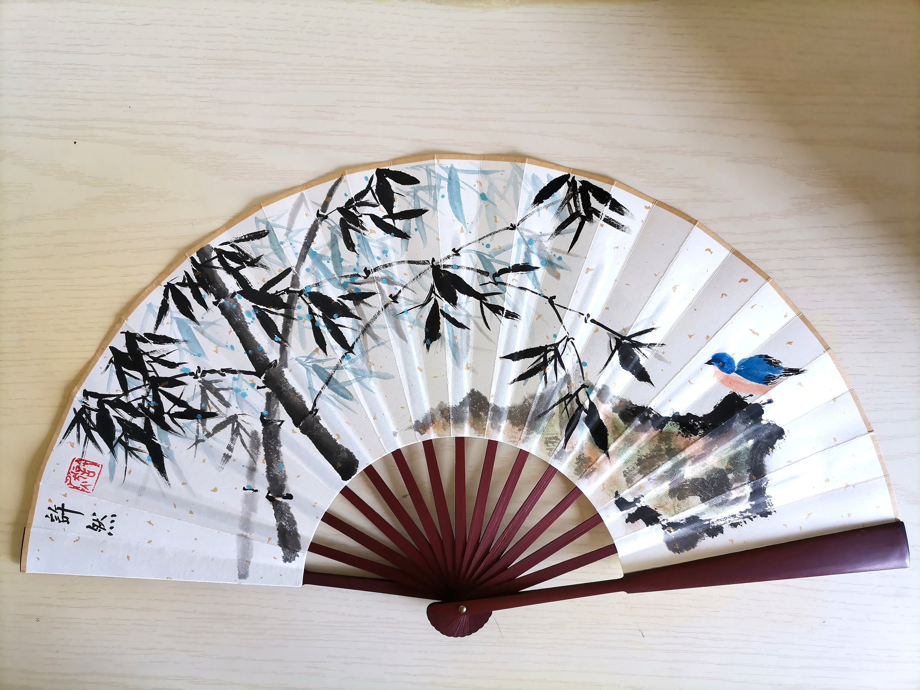 Handpainted Traditonal Chinese Folding Hand Fan--bamboo-sumi-e Painting ...
