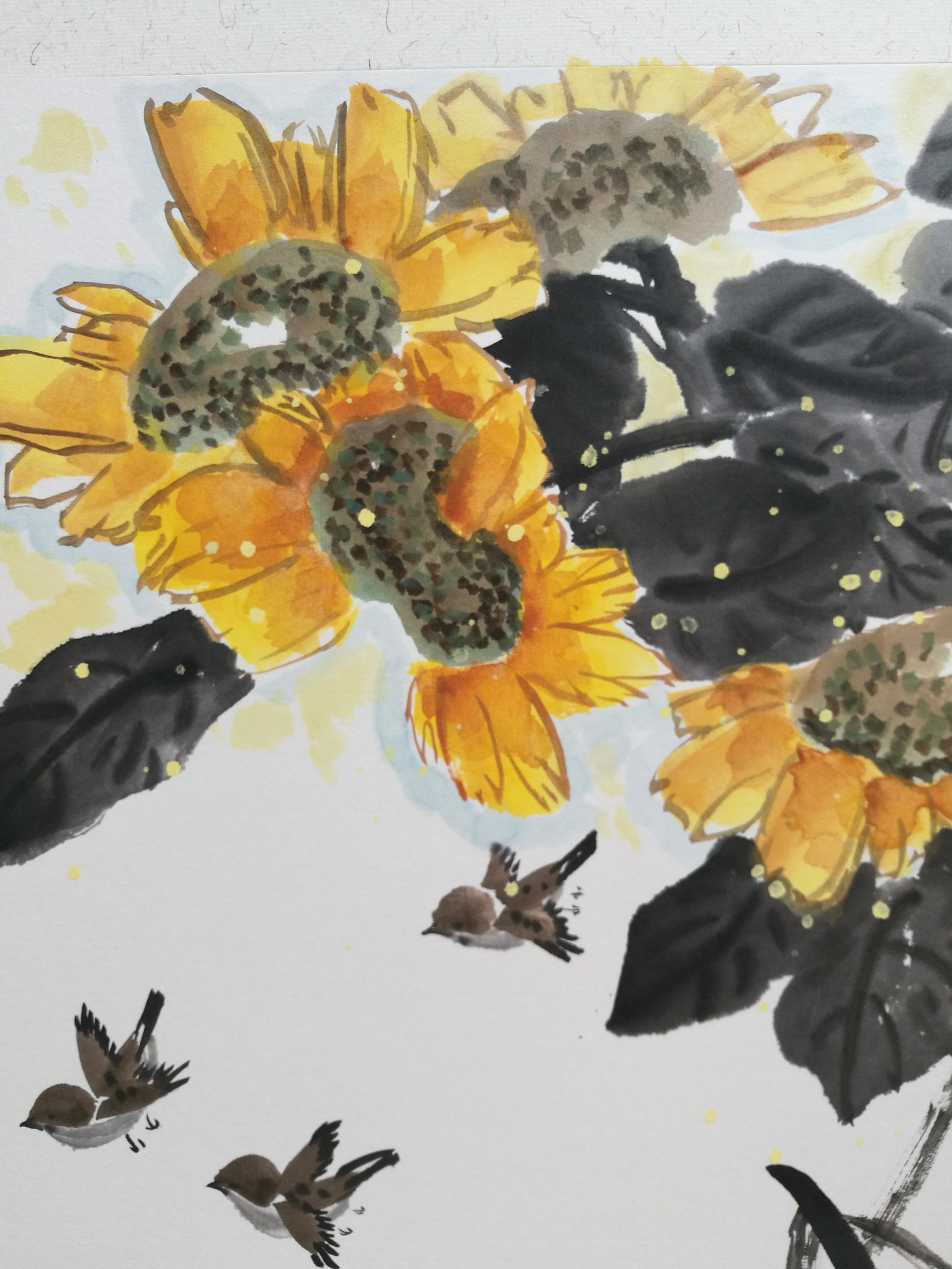 Framed Sunflower Chinese Painting: Original Chinese Ink Art (55x55cm ...