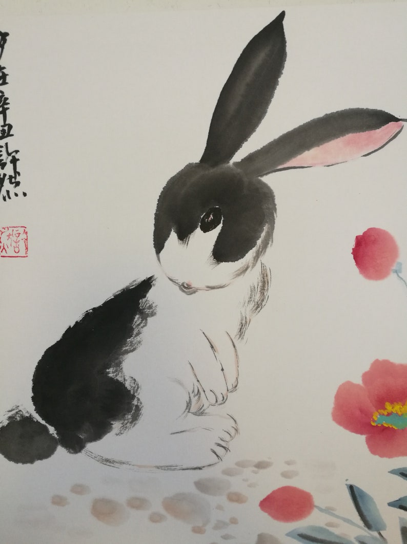 Handpainted Chinese Painting,original Rabbit Painting, Framed Rice ...