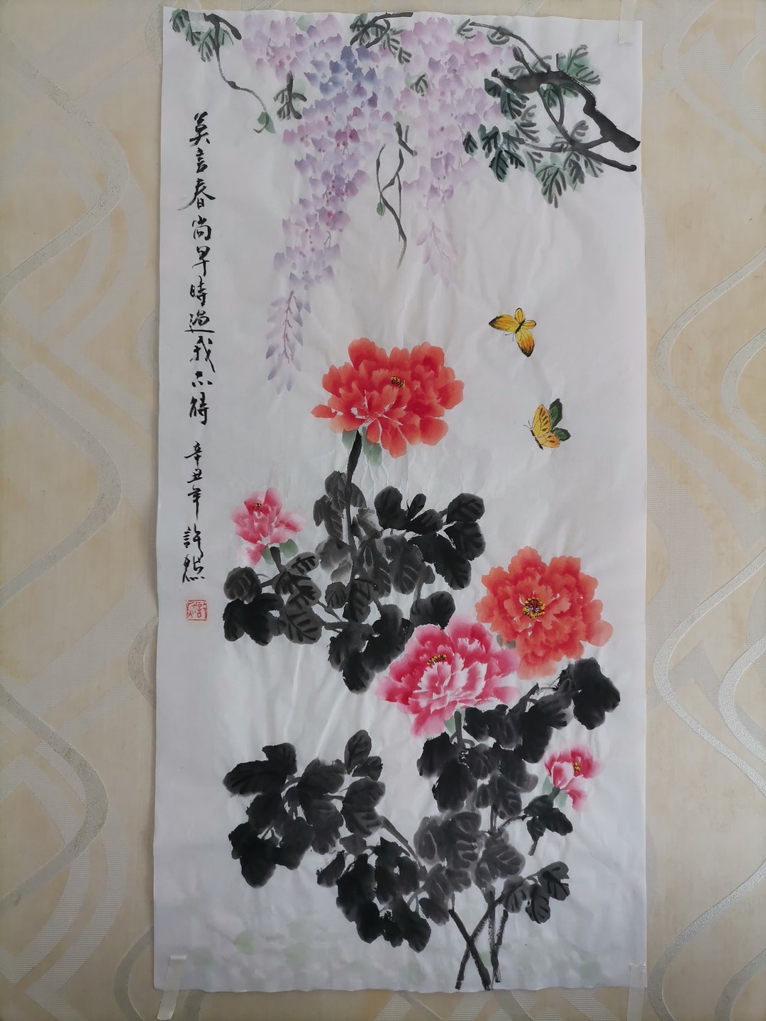 Original Chinese Paintinghandpainted Peony Paintingbutterfly - Etsy