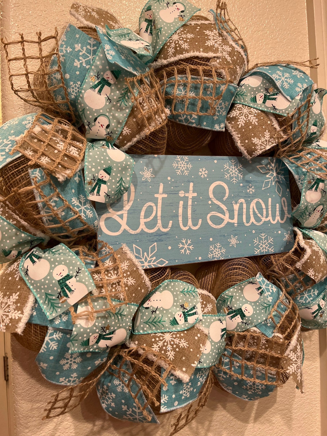 Farmhouse LET IT SNOW Winter Wreath, Burlap Deco Mesh, Rustic ...