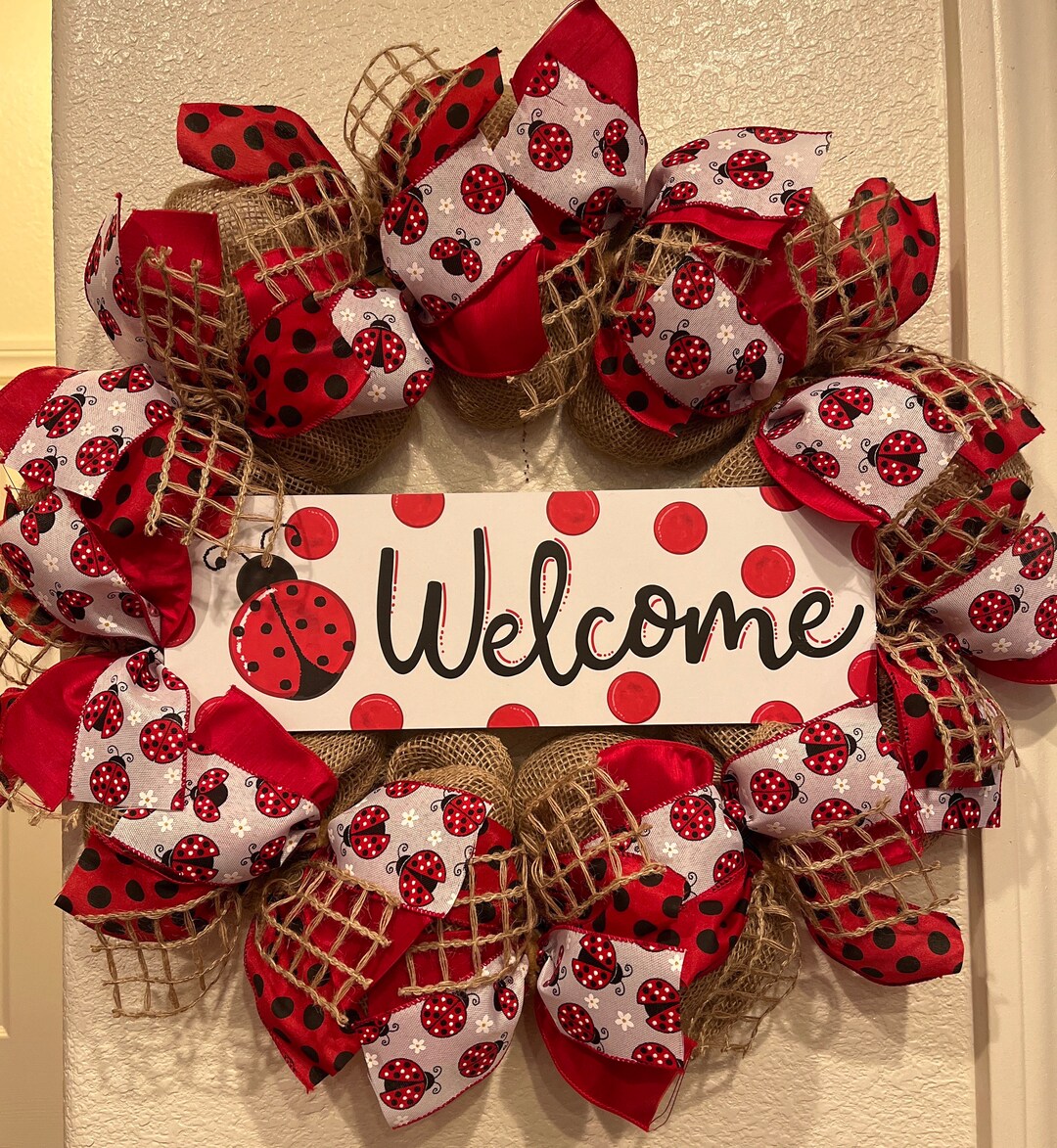 Ladybug Welcome Wreath: Burlap Deco Mesh, Farmhouse Front Door Decor - Etsy