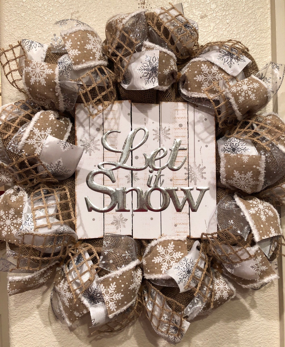 CHRISTMAS WREATH, Rustic Wreath, Let It Snow Wreath, Burlap Deco Mesh ...