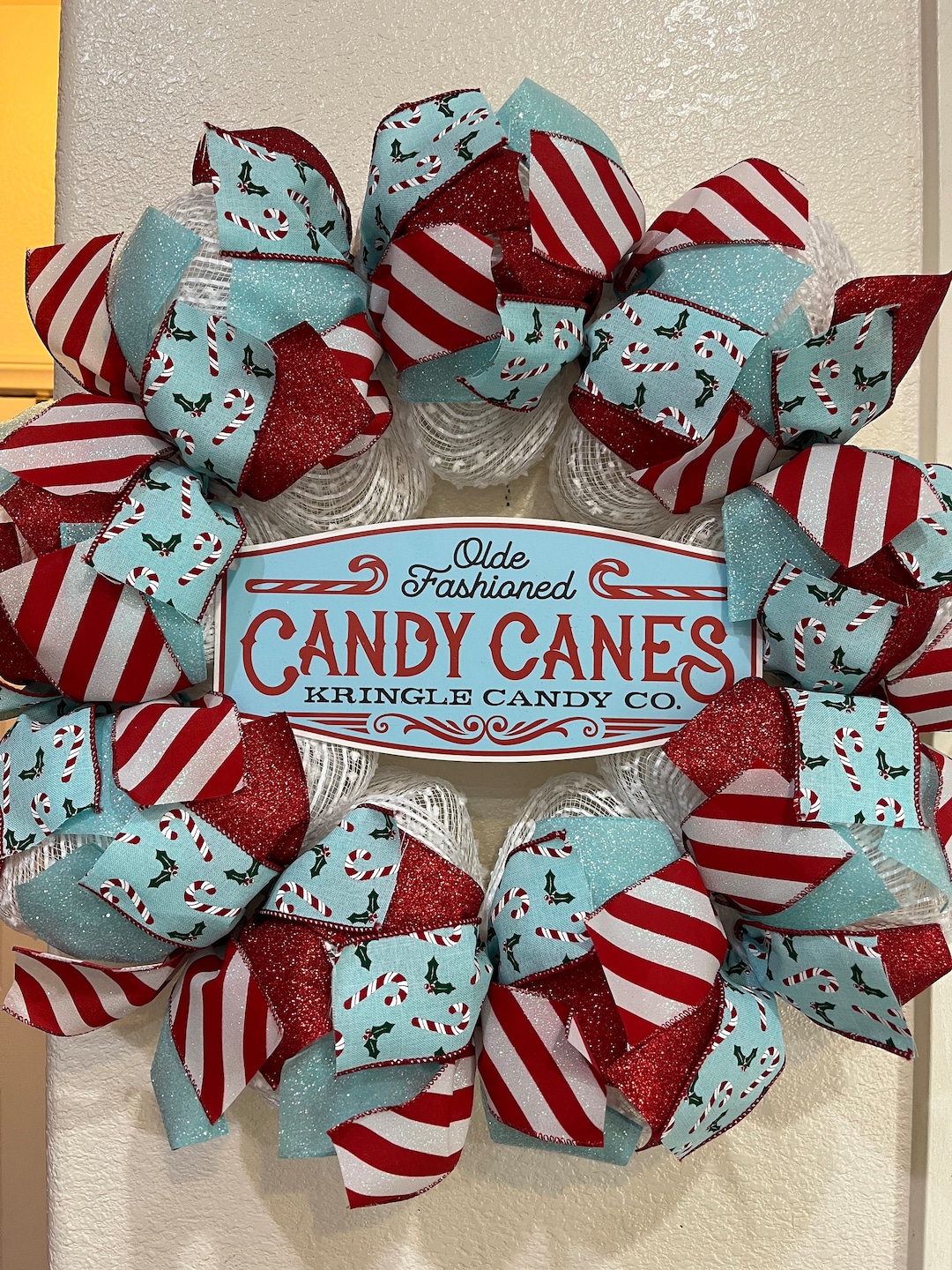 WHIMSICAL CANDY CANE Christmas Wreath, White Pom Deco Mesh, Kringle ...