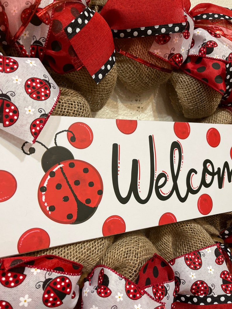 Ladybug Welcome Wreath: Burlap Deco Mesh, Farmhouse Front Door Decor - Etsy