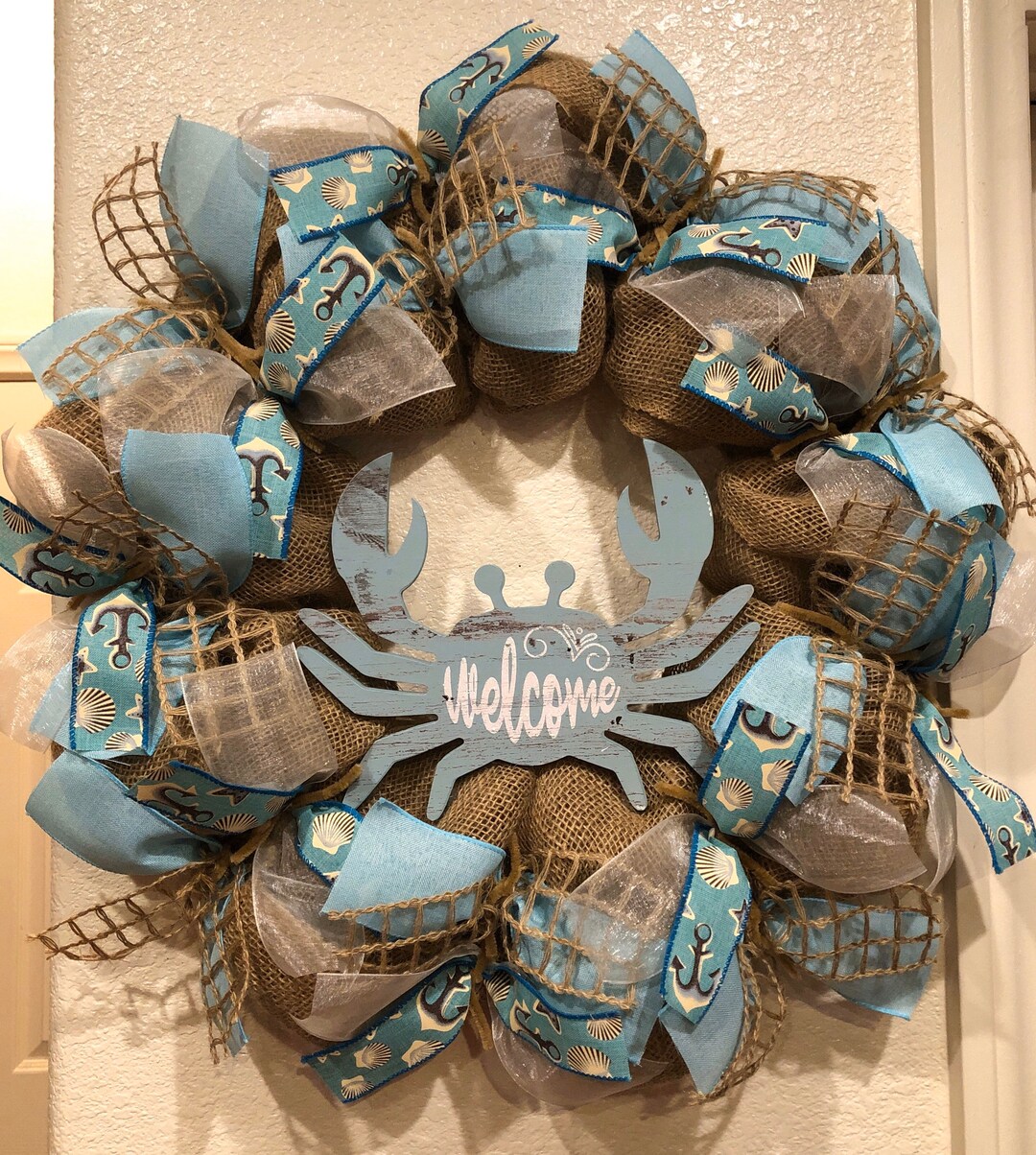 FARMHOUSE BEACH WREATH, Burlap Deco Mesh, Anchor, Welcome, Coastal ...
