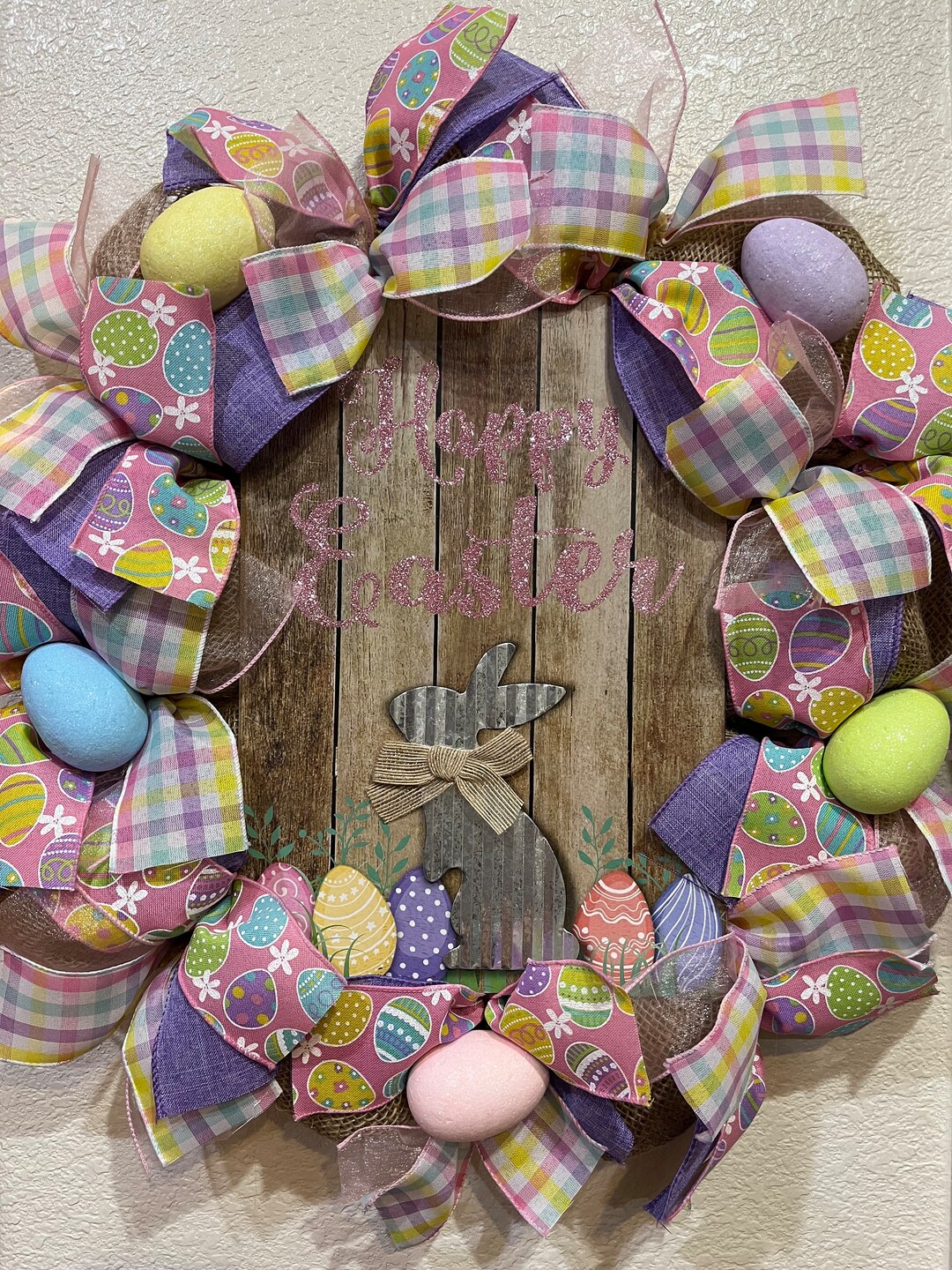 FARMHOUSE EASTER WREATH, Burlap Deco Mesh, 22" X 22", Spring, Rustic ...