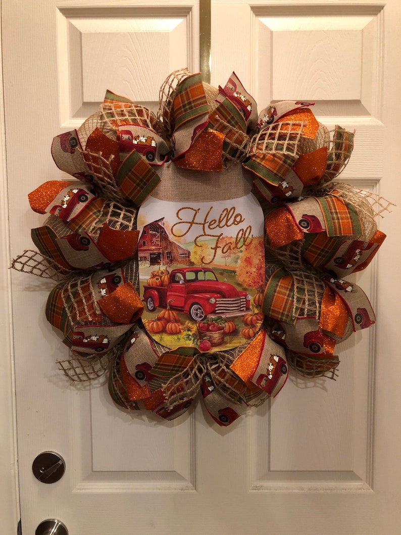 FARMHOUSE HELLO FALL Wreath Burlap Deco Mesh Vintage Red - Etsy