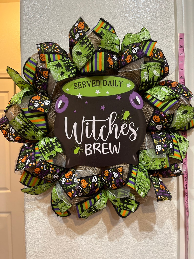 Witches Brew Cauldron Halloween Wreath: Burlap Deco Mesh, Spiders - Etsy
