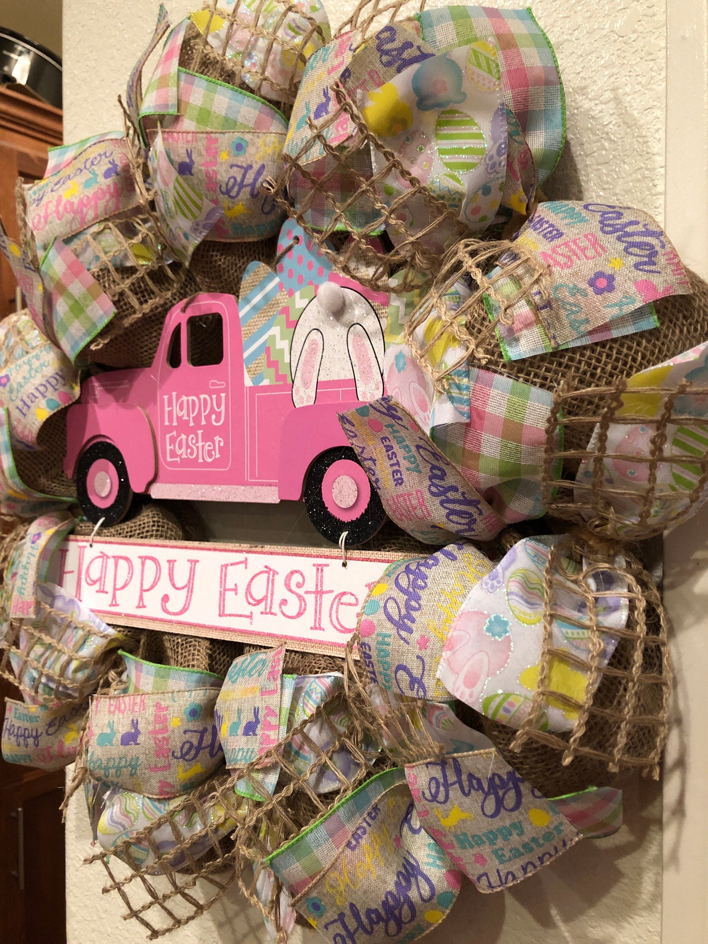 Farmhouse SPRING HAPPY EASTER Wreath Vintage Truck Spring | Etsy