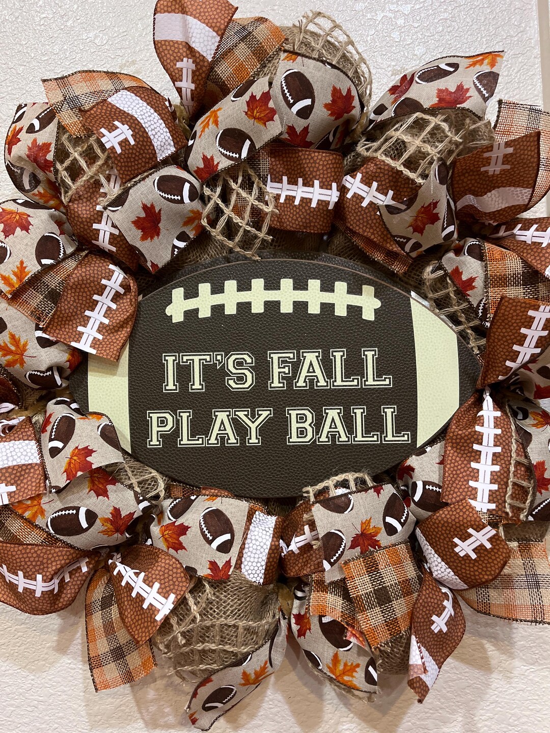 FARMHOUSE FALL FOOTBALL Wreath, Burlap Deco Mesh, 22" X 22", Leaves ...