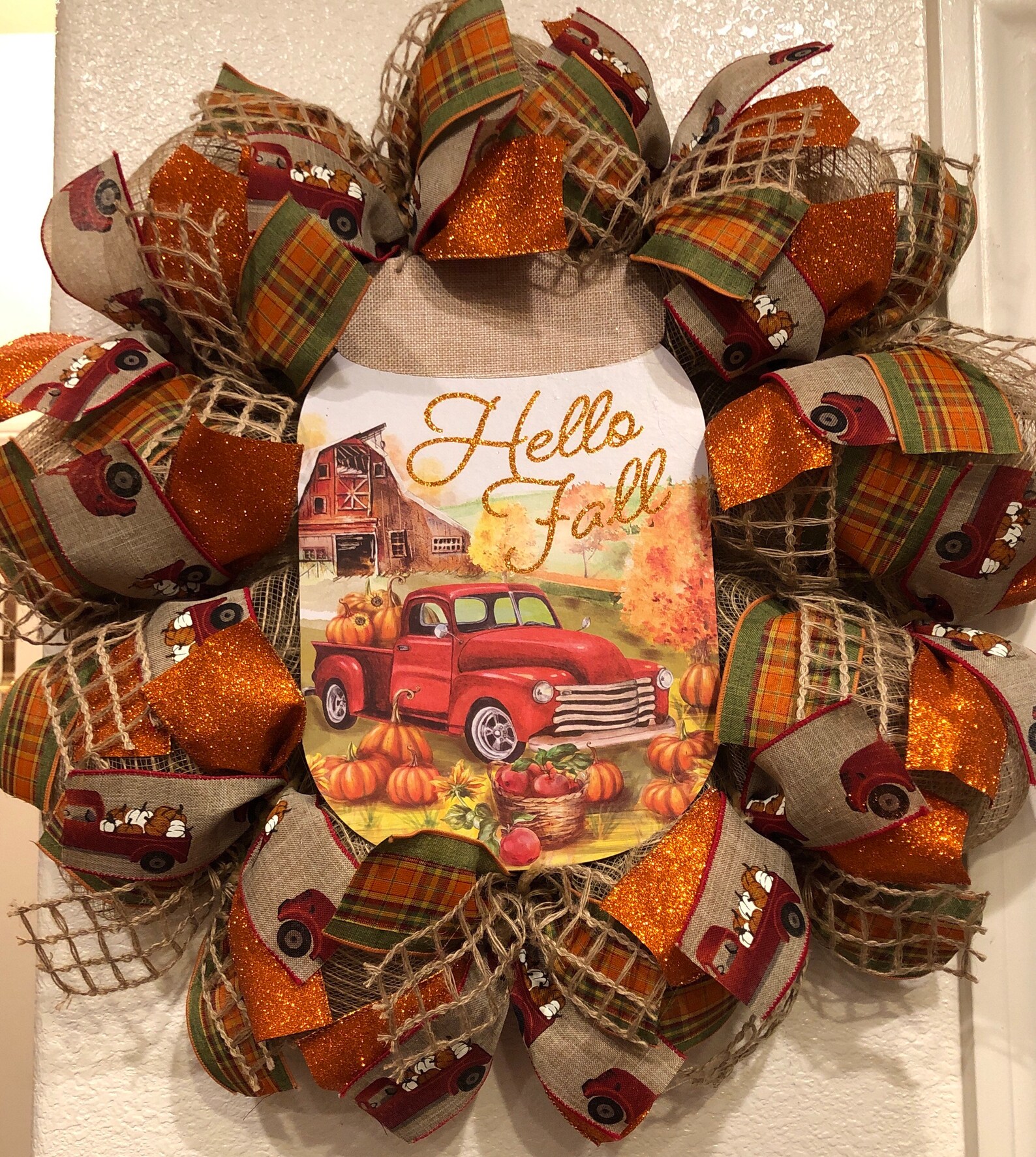 FARMHOUSE HELLO FALL Wreath Burlap Deco Mesh Vintage Red | Etsy