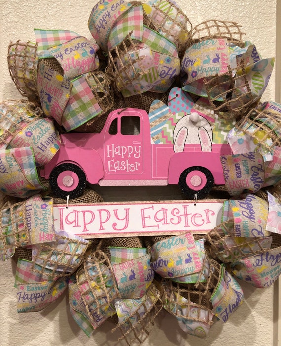 Farmhouse SPRING HAPPY EASTER Wreath Vintage Truck Spring | Etsy