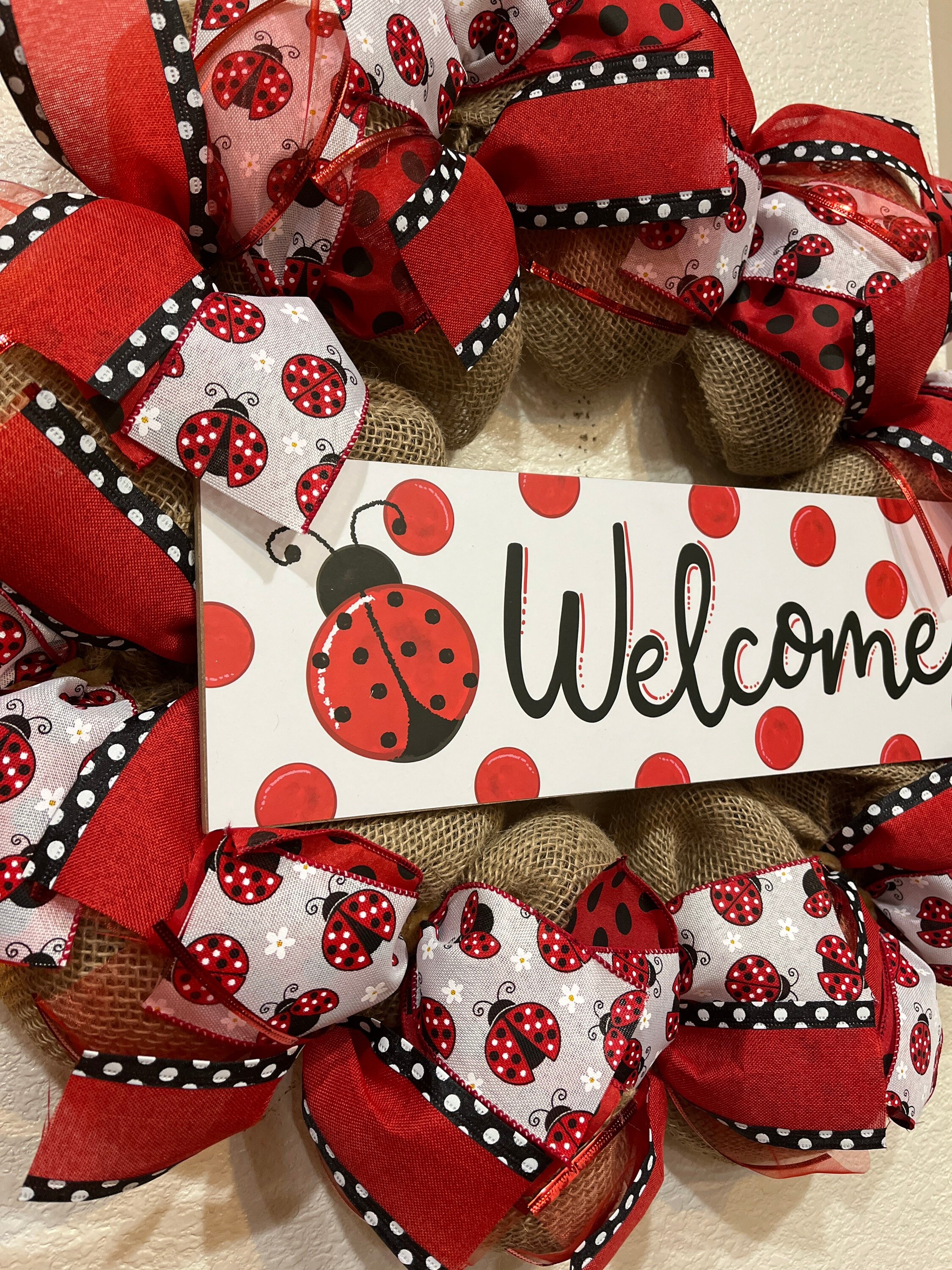 Ladybug Welcome Wreath: Burlap Deco Mesh, Farmhouse Front Door Decor - Etsy