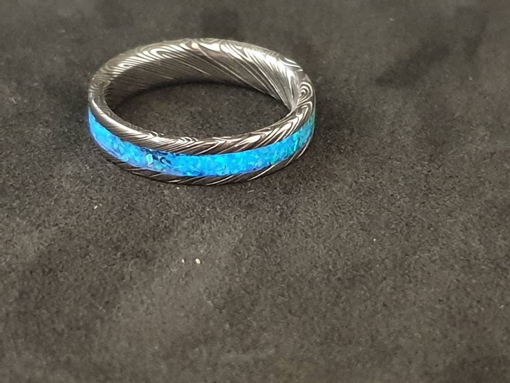 Damascus Stainless Steel Glow Ring With Turquoise Opal Inlay. - Etsy