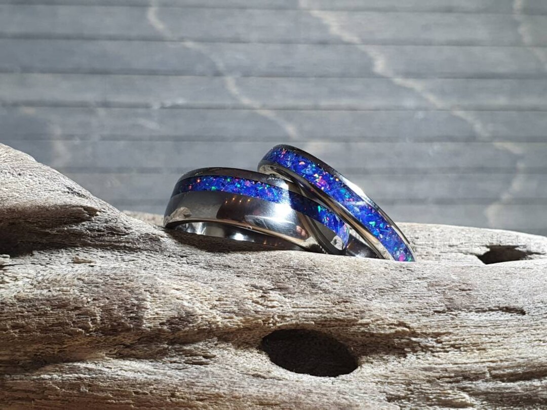 Titanium Wedding Rings With Royal Blue Opal Inlays. Opal Inlay Wedding ...