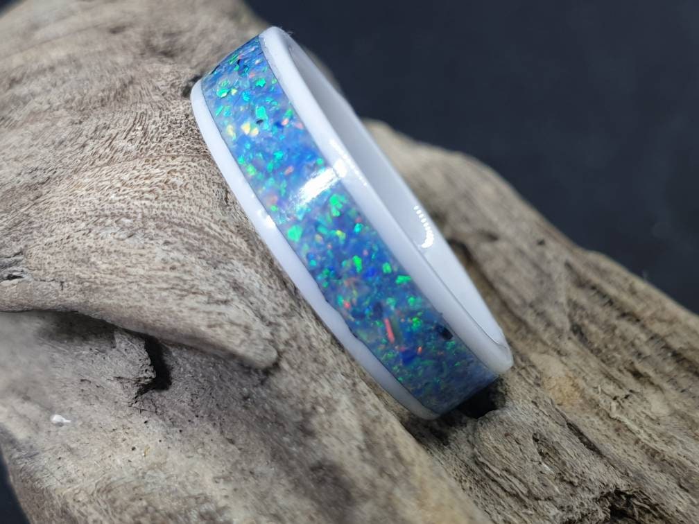 White ceramic opal glow ring opal inlay wedding ring | Etsy