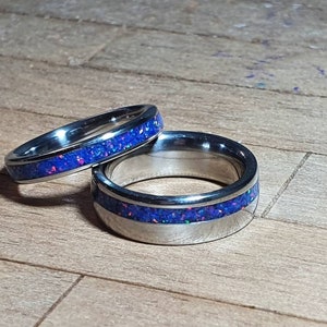 Titanium Wedding Rings With Royal Blue Opal Inlays. Opal Inlay Wedding ...