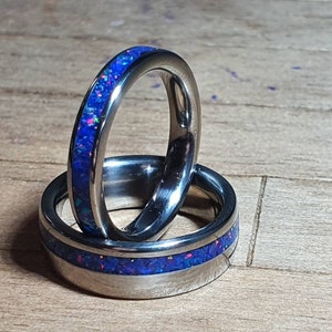 Titanium Wedding Rings With Royal Blue Opal Inlays. Opal Inlay Wedding ...