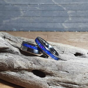 Titanium Wedding Rings With Royal Blue Opal Inlays. Opal Inlay Wedding ...