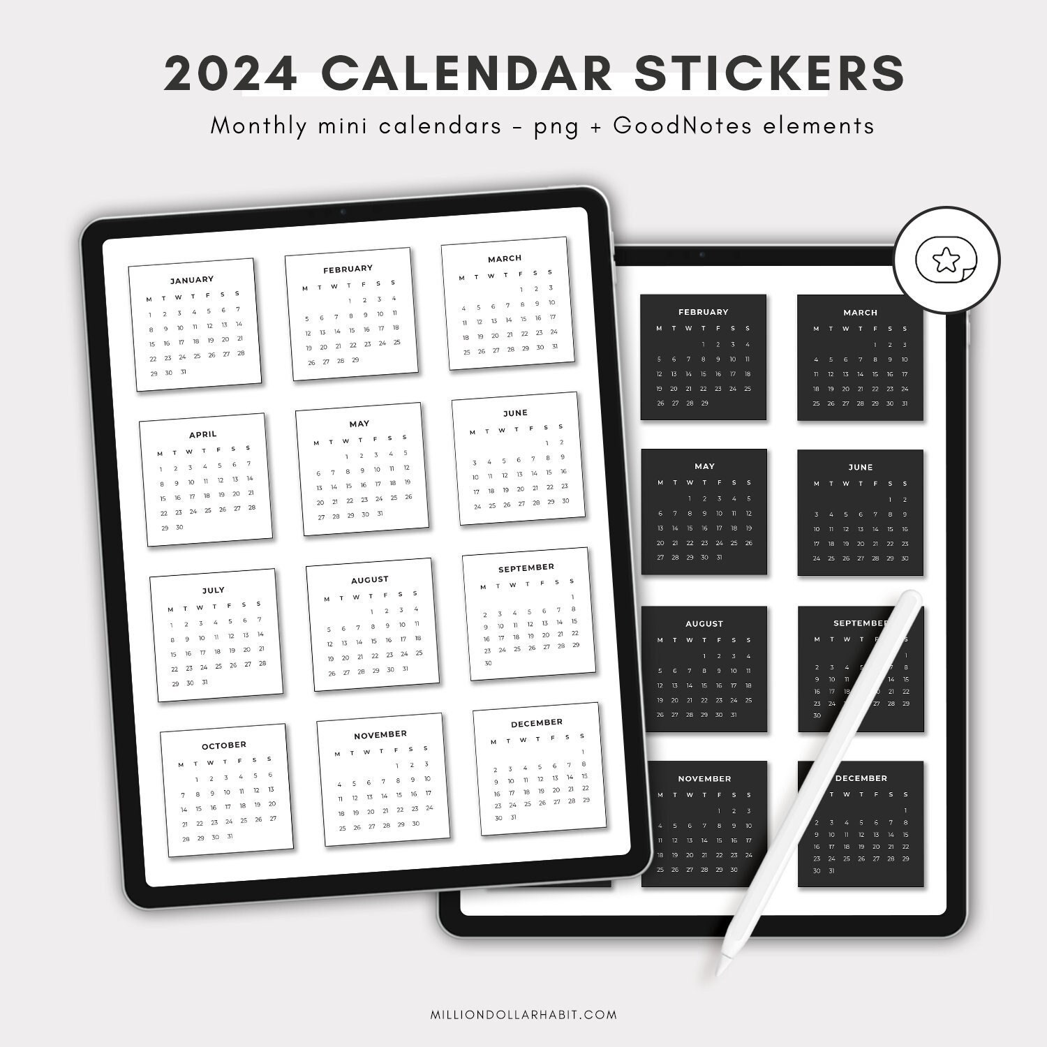 2024 Monthly Calendar Sticker, Digital Planner Dates, Mini Monthly ...