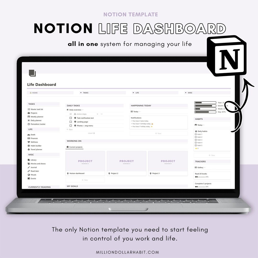 Notion Life Planner, Notion Template, Notion Dashboard, Notion ADHD Planner, Minimal Aesthetic ...