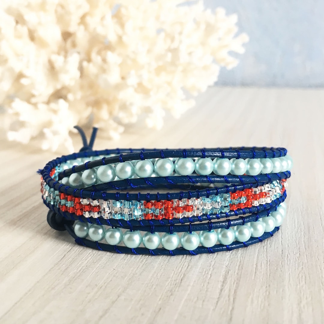 Navy Blue Wrap Around Beaded Bracelet, Bohemian Multi Strand Leather ...