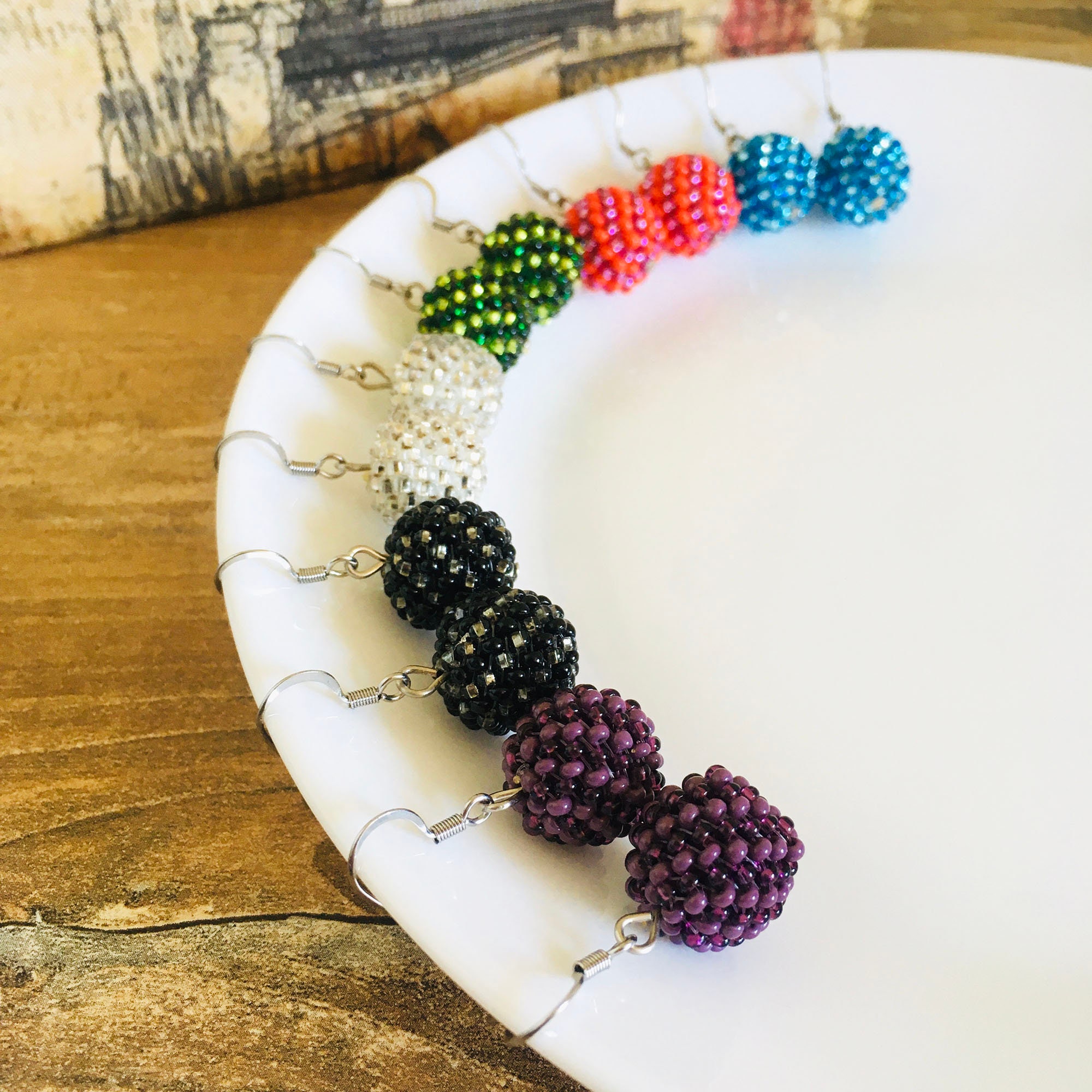 Light Blue Seed Bead Ball Earrings, Winter Woven Earrings, Beaded ...