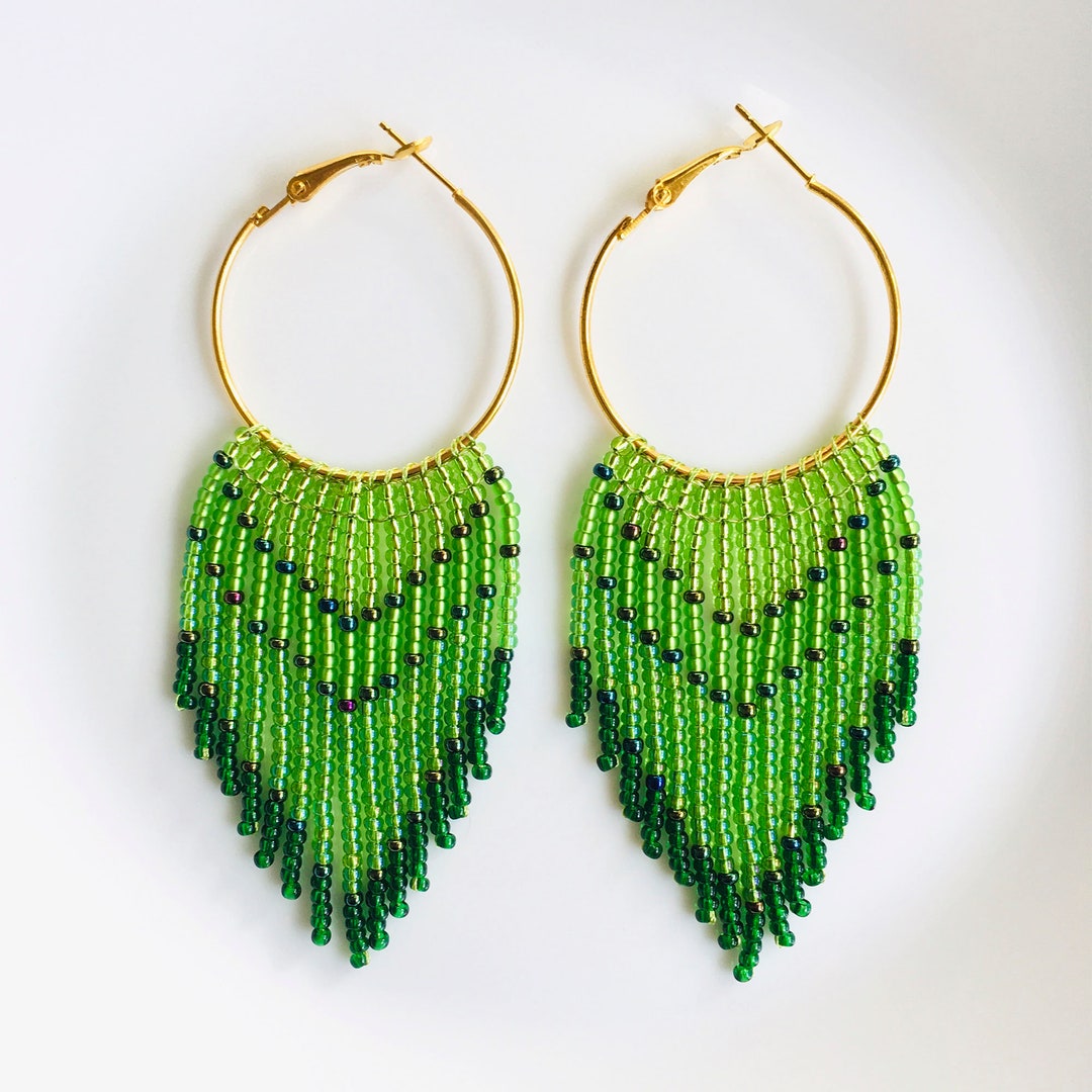 Green Hoop Seed Bead Earrings in Tribal Style, Cascade Fringe Bead ...