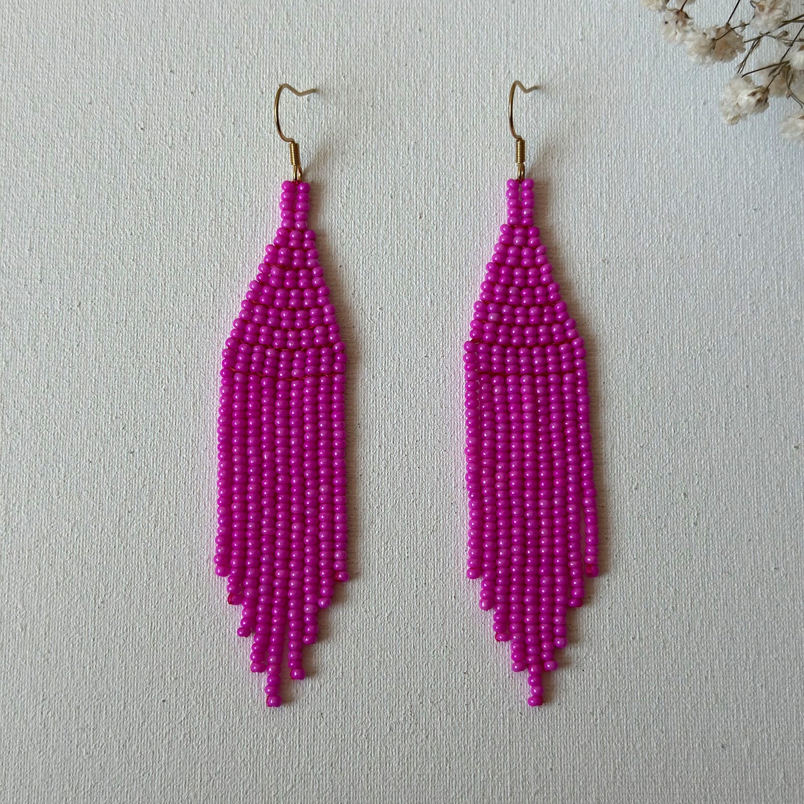 Fuschia Beaded Earrings With Fringe, Neon Pink Tribal Seed Bead ...