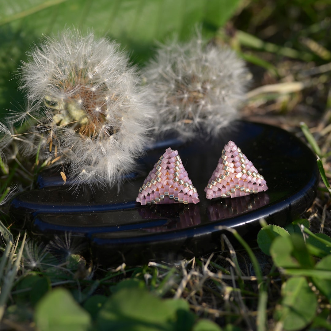 Blush Pink Gold Triangle Miyuki Seed Bead Earrings, Geometric Beaded ...