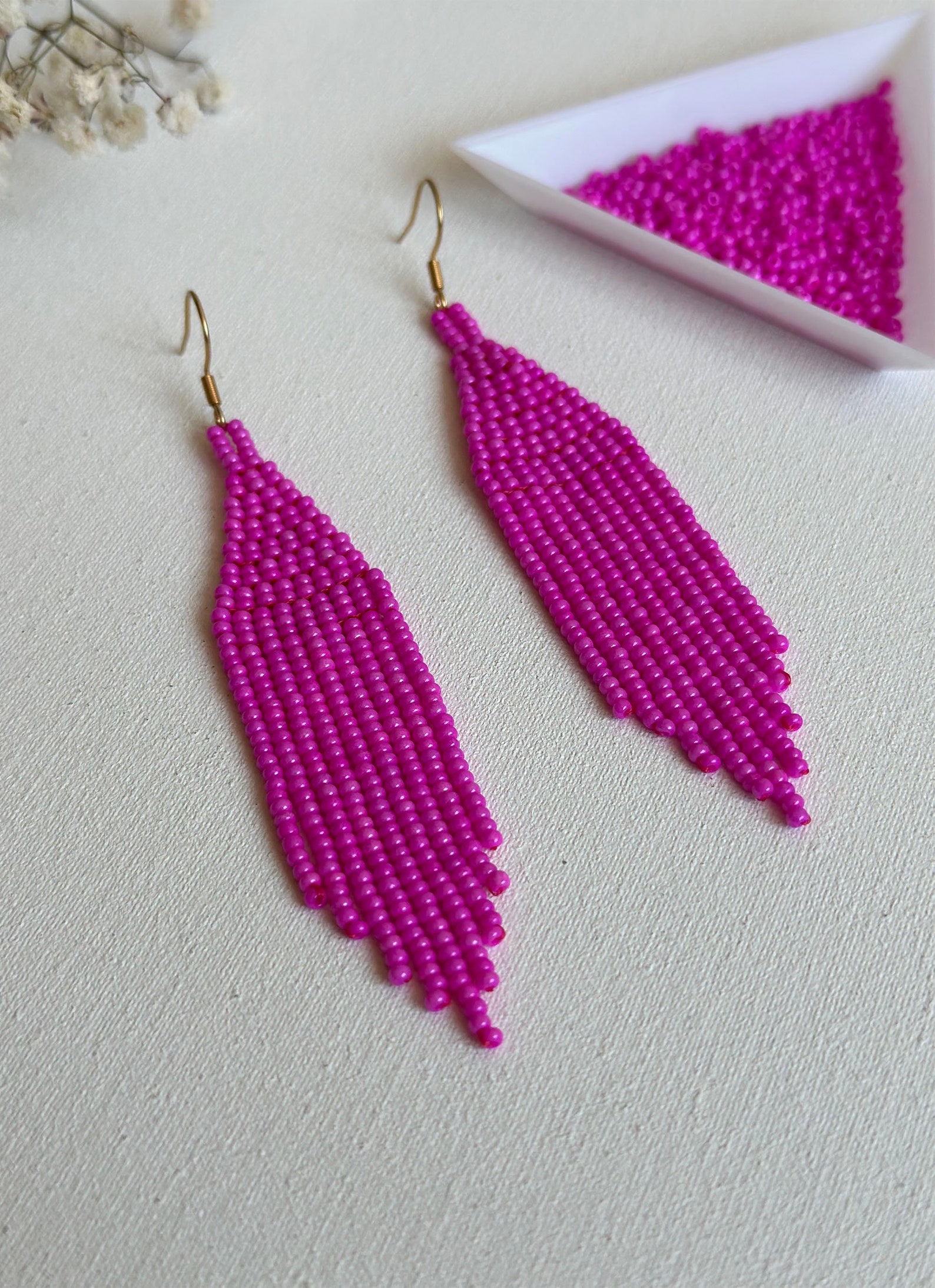 Fuschia Beaded Earrings With Fringe, Neon Pink Tribal Seed Bead ...