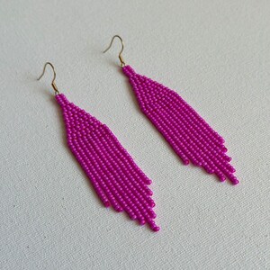 Fuschia Beaded Earrings With Fringe, Neon Pink Tribal Seed Bead ...