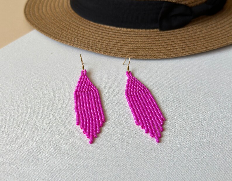 Fuschia Beaded Earrings With Fringe, Neon Pink Tribal Seed Bead ...