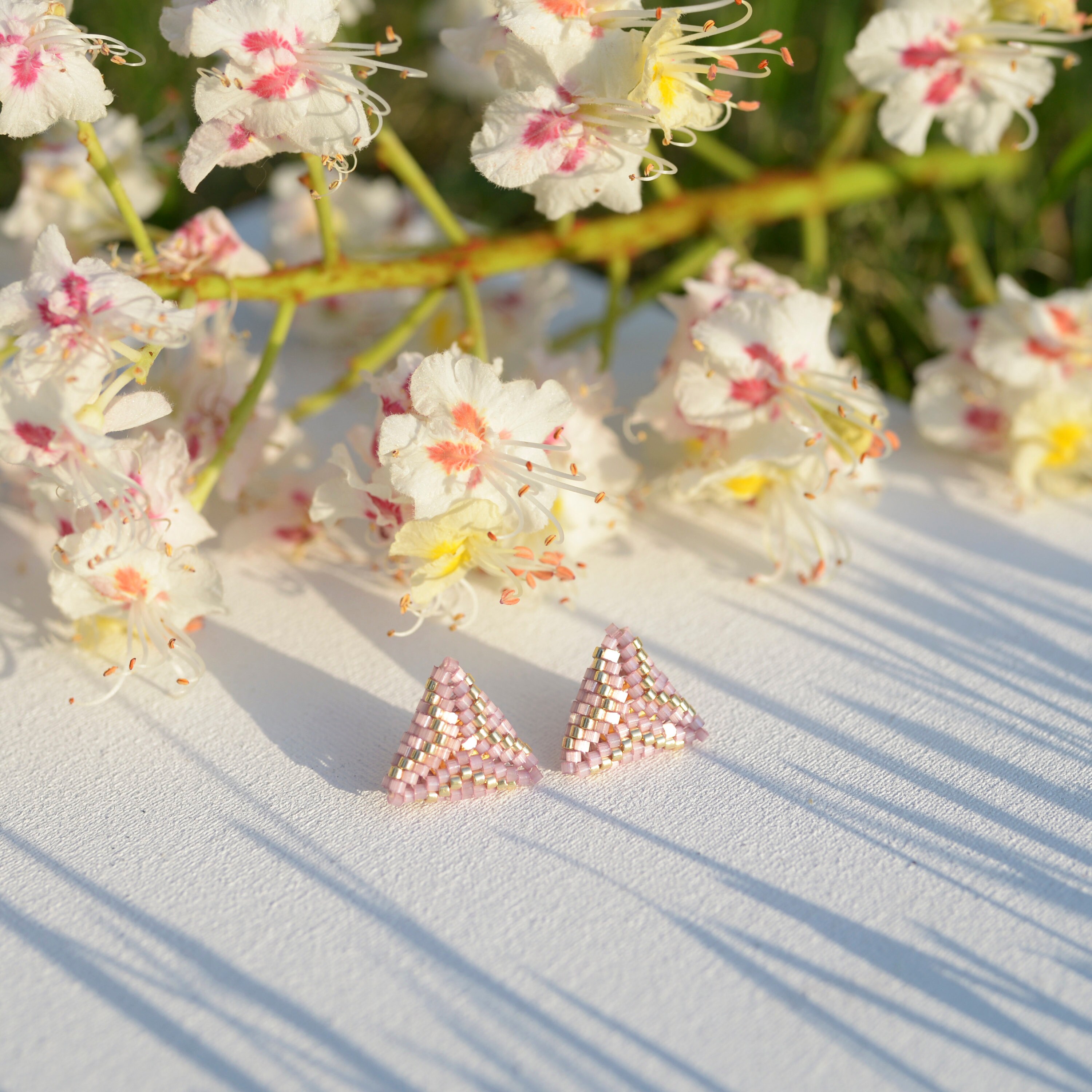 Blush Pink Gold Triangle Miyuki Seed Bead Earrings, Geometric Beaded ...