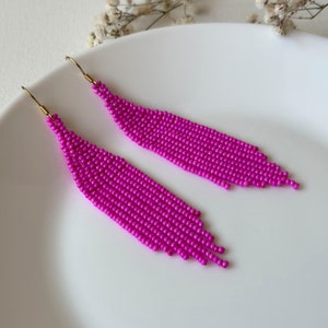 Fuschia Beaded Earrings With Fringe, Neon Pink Tribal Seed Bead ...
