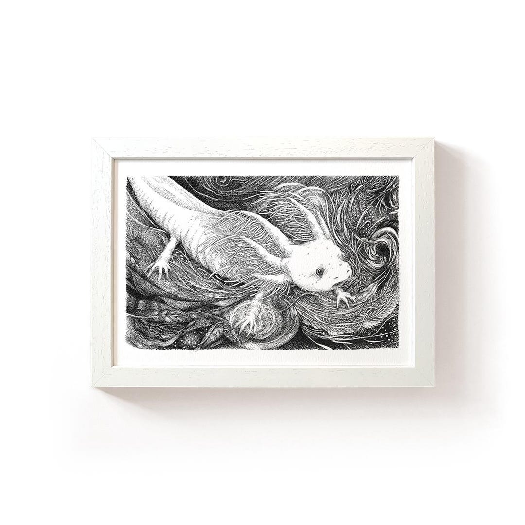 Axolotl Ghost Illustration Art Print - Black and White Fine Line ...