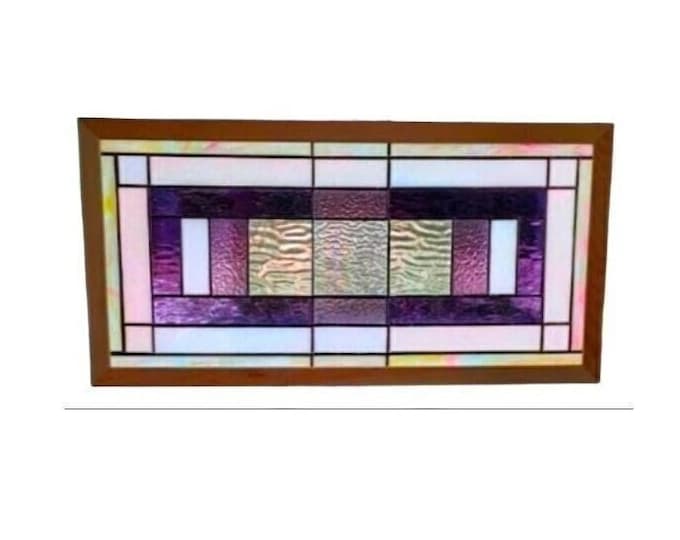 Stained Glass Window Large Framed Stained Glass Panel Purple Iridescent Multicolored Glass