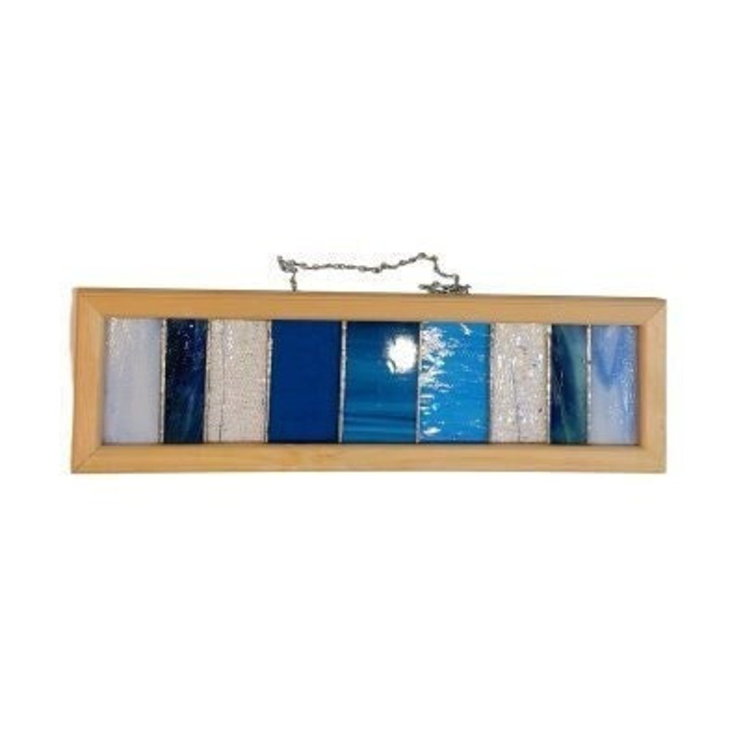 Multiple Blue Stained Glass Window Hanging, Stained Glass Panel, Framed ...