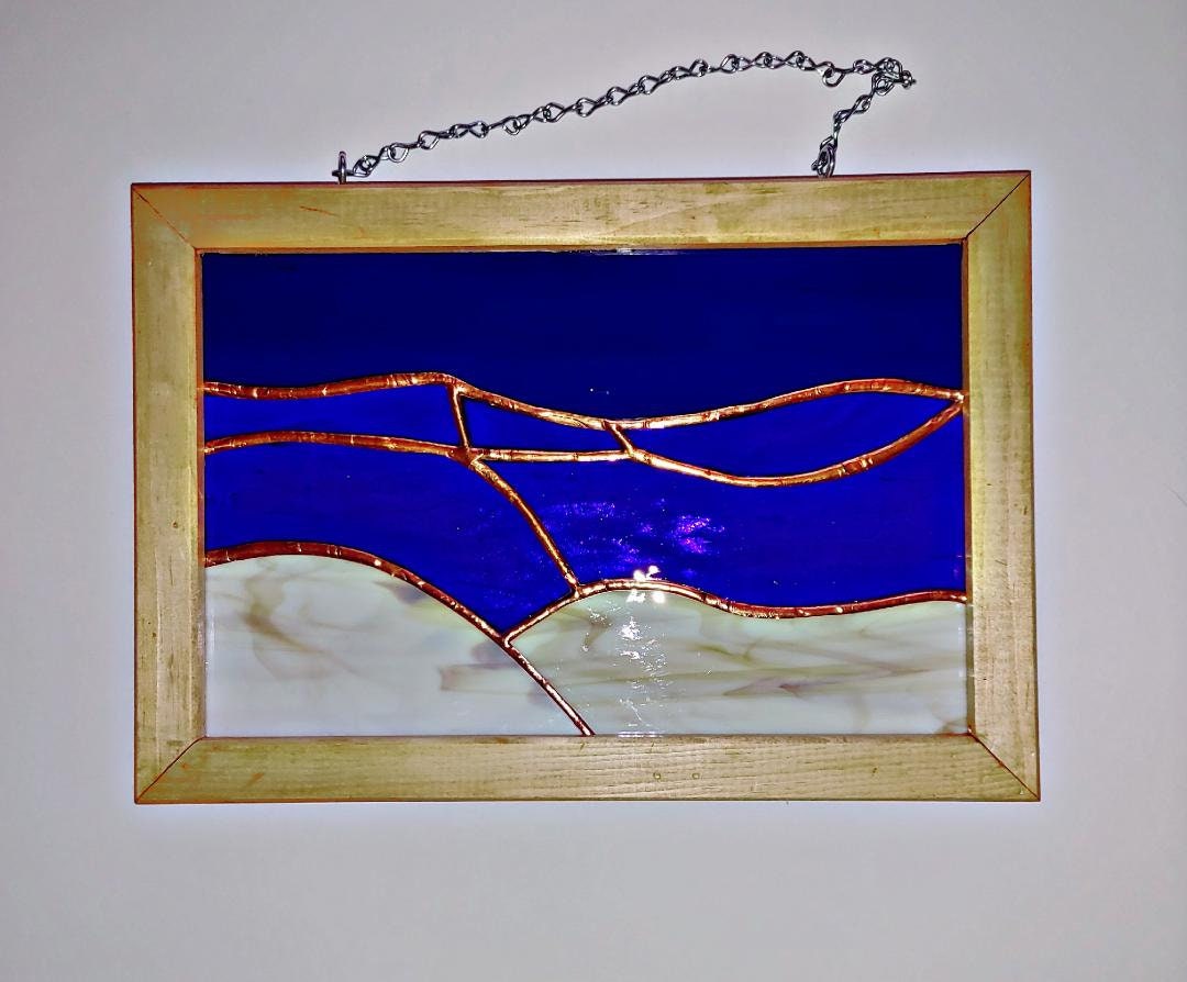 Stained Glass Window, Ocean, Sandy Beach, Blue Glass, Window Hanging ...