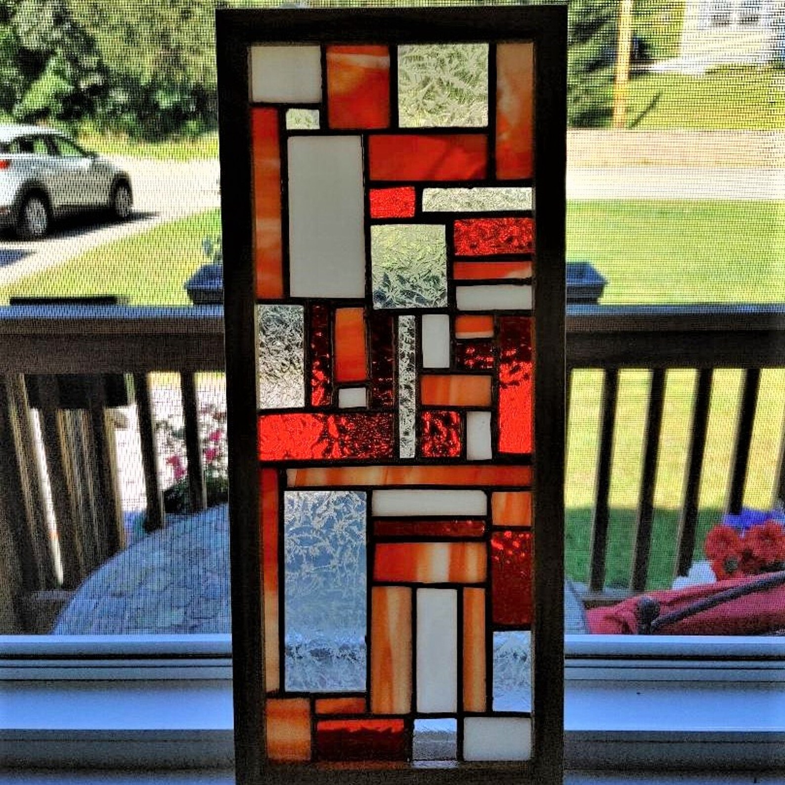 Stained Glass Window Red Orange White and Clear Glass Framed | Etsy