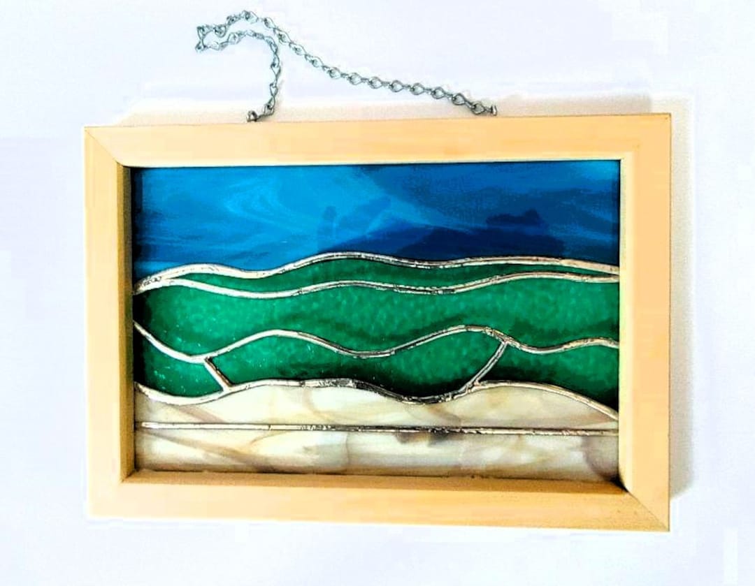 Stained Glass Window Hanging, Ocean Stained Glass Panel, Framed Glass ...