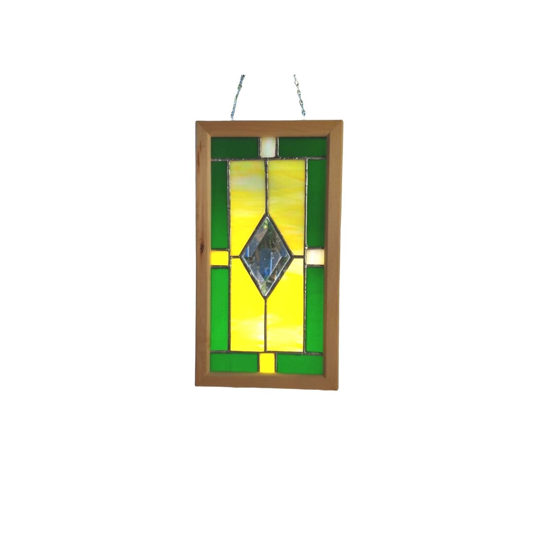 Stained Glass Window Hanging, Yellow and Green Stained Glass Panel ...