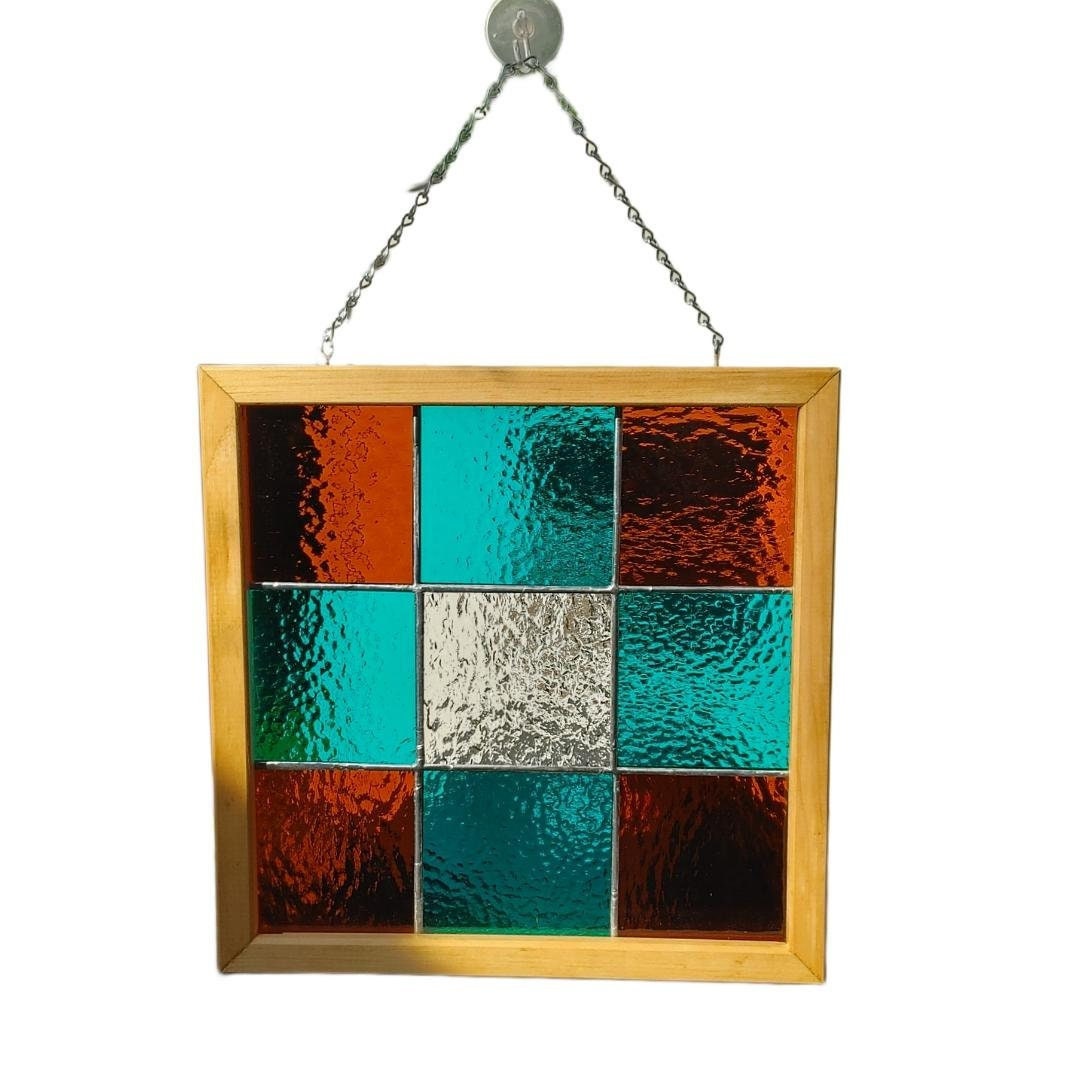 Turquoise & Orange Stained Glass Window - Light Oak Frame Suncatcher - Etsy