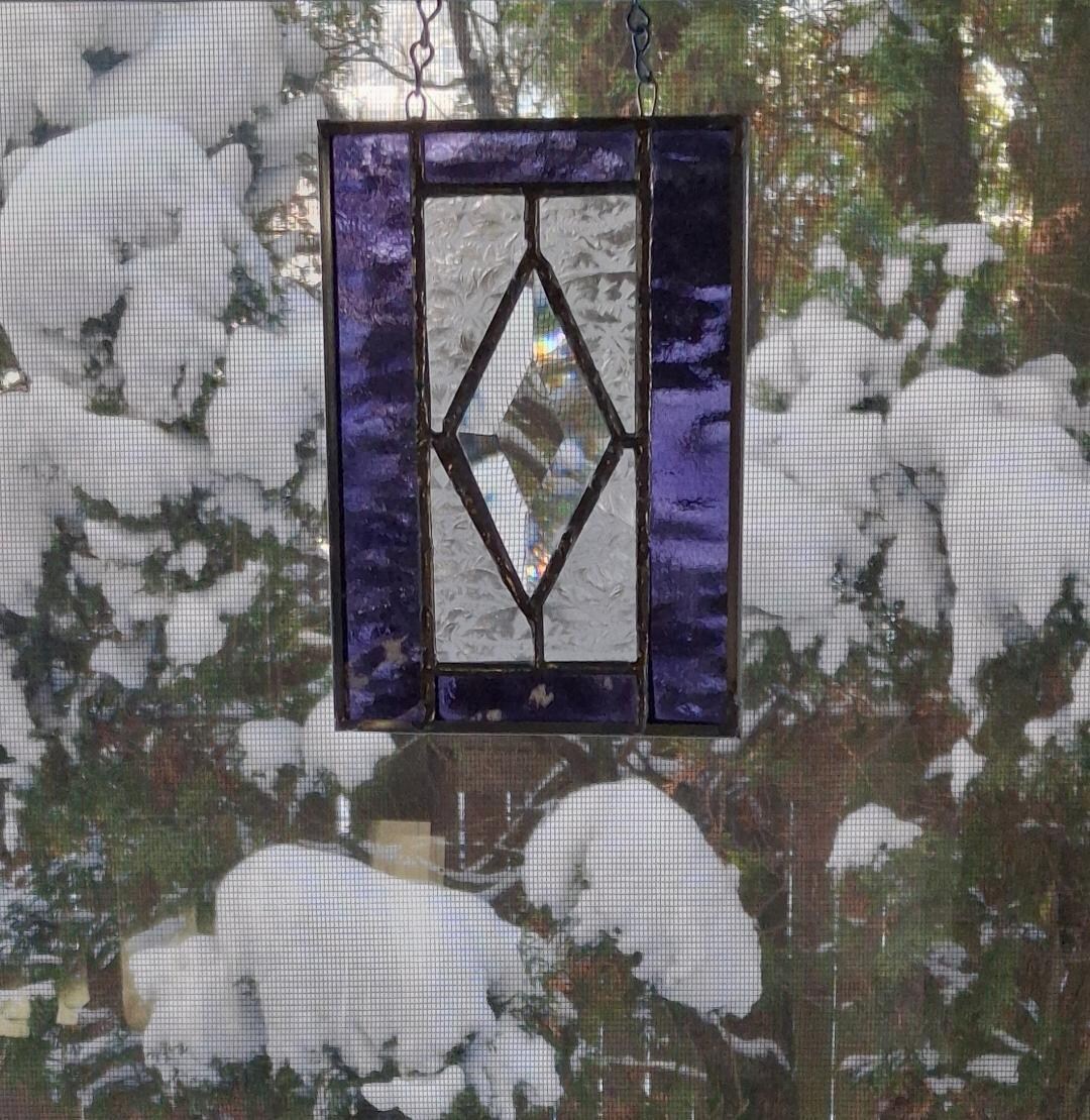 Stained Glass Window Hanging, Purple Glass, Diamond Bevel in the Center ...