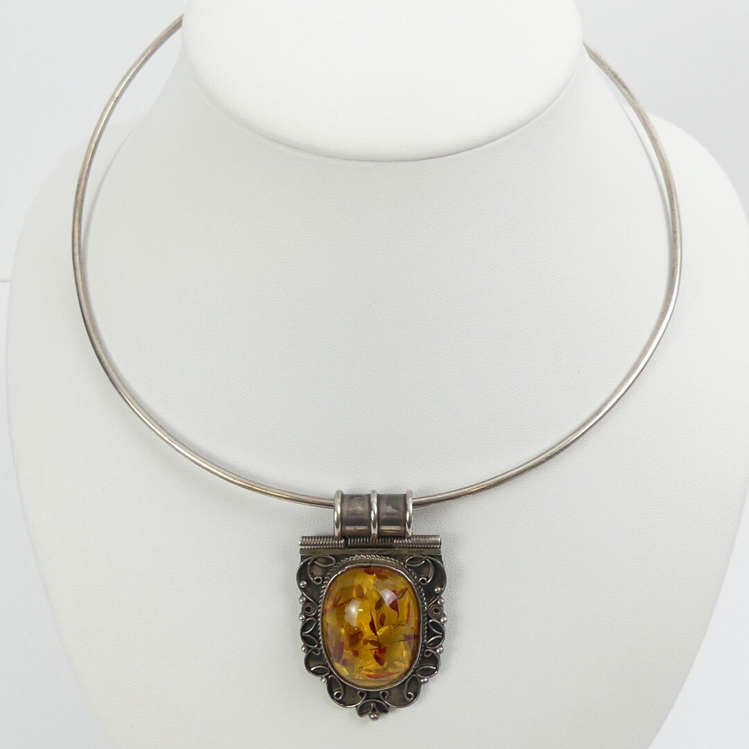 STERLING SILVER COLLARETTE Amber Pendant Necklace - 40.3 Grams - Etsy
