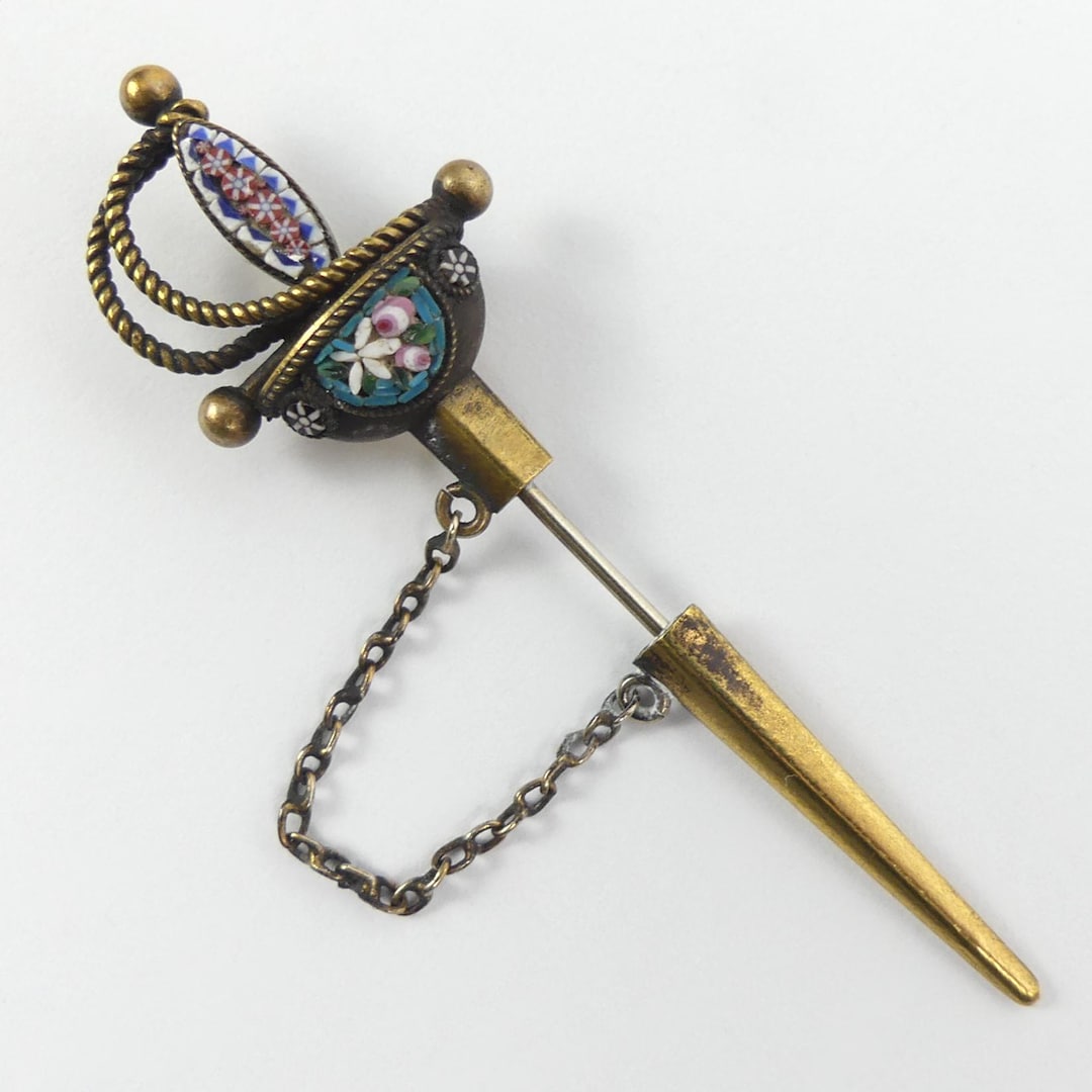 ANTIQUE ITALIAN Micro-mosaic Sword Jabo Stick Pin Brooch C.1900 - 2.8 ...