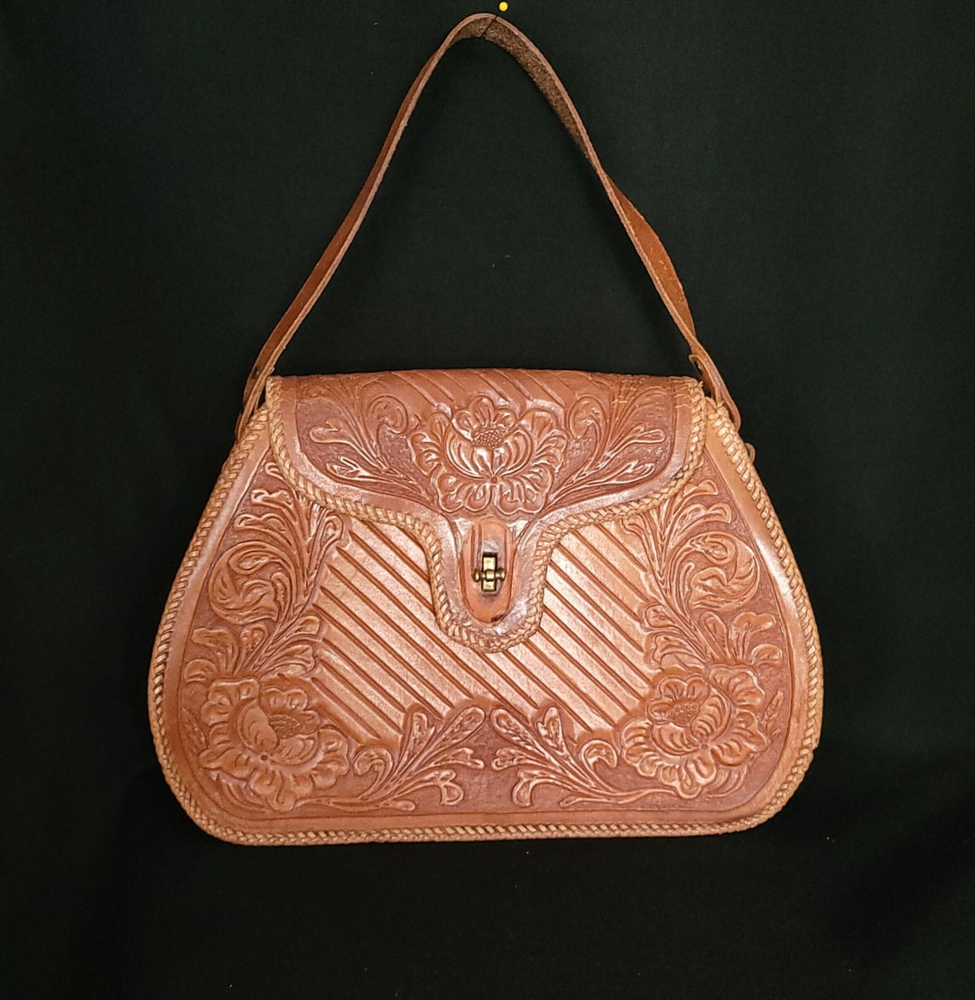 Vintage Tooled Leather Purse/ Hand Tooled Embossed Bag/ Vintage Mexican ...